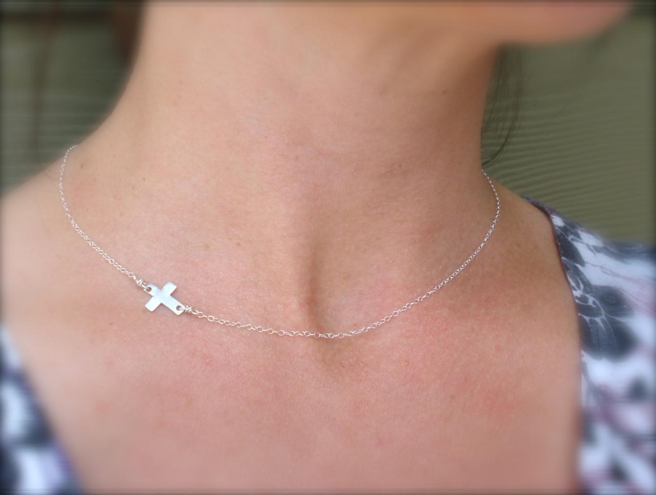 Sideways Cross Necklace, Tiny Cross Necklace, Silver Cross Necklace ...